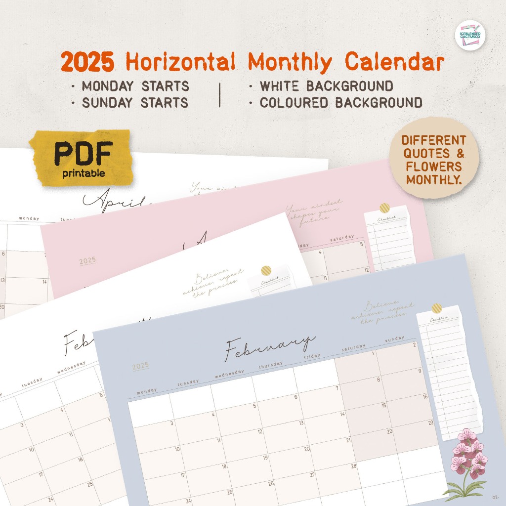 (Series H) NEW! 2025 Horizontal Dated Aesthetic Cute Flower Monthly ...