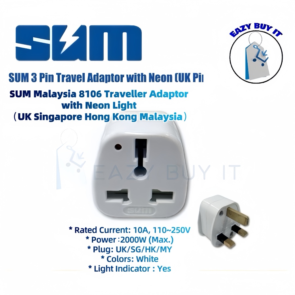 SUM MALAYSIA [𝟯-𝗣𝗶𝗻] TRAVELER ADAPTOR WITH NEON LIGHT (𝗨.𝗞, 𝗦𝗜𝗡𝗚𝗔𝗣𝗢𝗥𝗘 ...