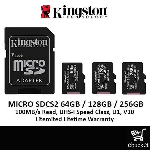 Kingston Canvas Select Plus 100R Micro SD (SDCS2) Class 10 Memory Card MB100/S ( 64GB / 128GB ...