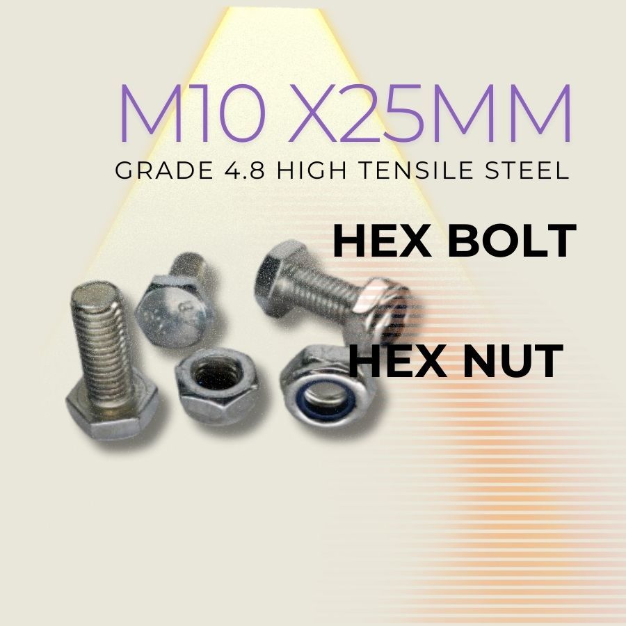 M10 Hex Bolt /M10 X 25MM Screw / Nylon Lock Nut M10/High Tensil 4.8 ...