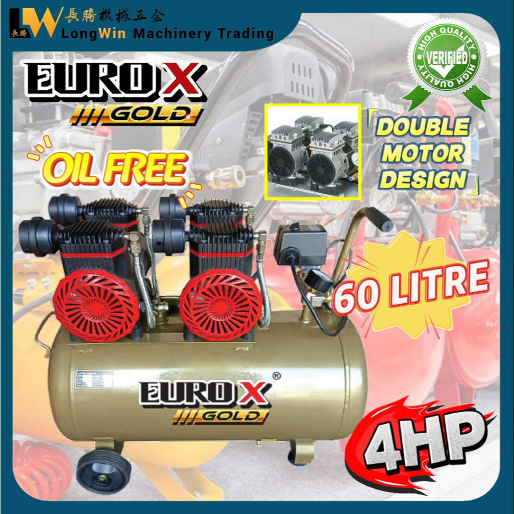 EUROX/// EAZ76062 4HP 60Litre Portable Single Phase Double Motor Oiless Air Compressor 8 Bar ...