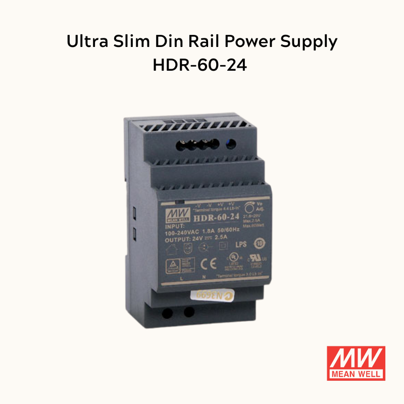 Mean Well HDR-60-24 Ultra Slim DIN Rail Power Supply 24VDC 2.5A ...