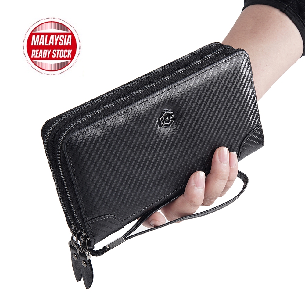 Double Zip Men's Leather Clutch Bag Handcarry Long Wallet Dompet ...