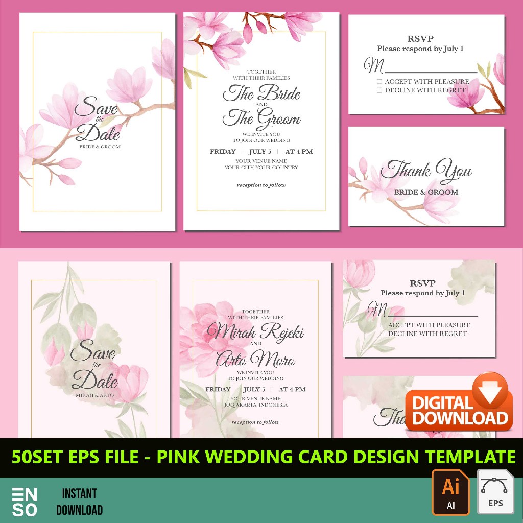 50-Set AI/EPS Pink Wedding Card Design Template Files | Editable Adobe ...