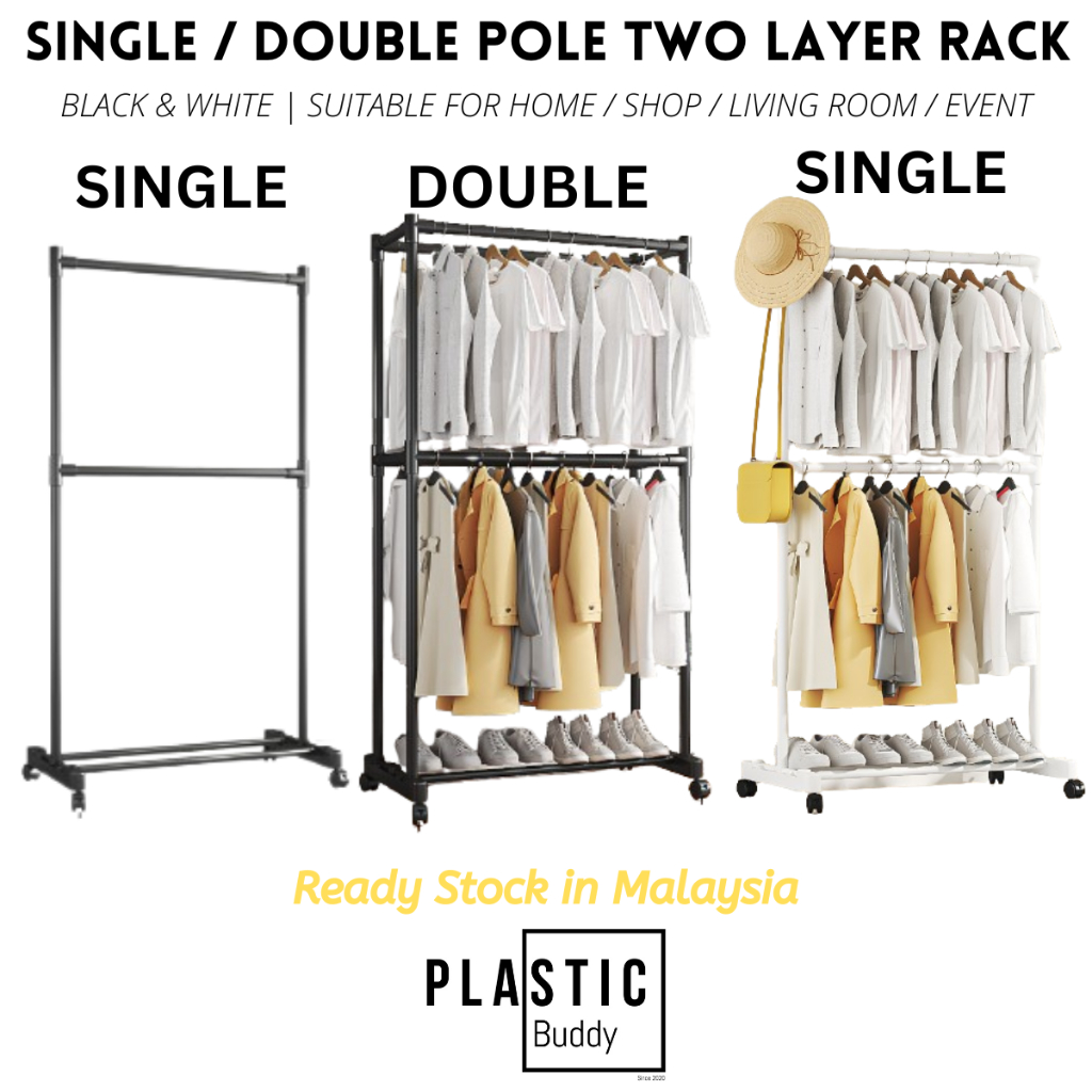 Single / Double Pole Clothes Hanging Rack with wheels Cloth Hanger ...