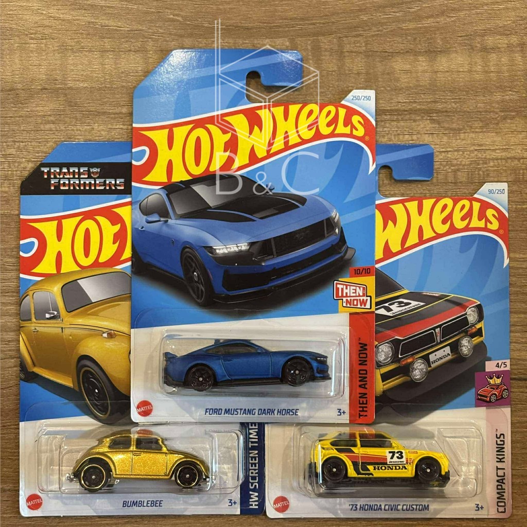 (Lot 3 pcs Damaged Card / Blister) Hot Wheels Ford Mustang Dark Horse + Bumblebee + '73 Honda ...