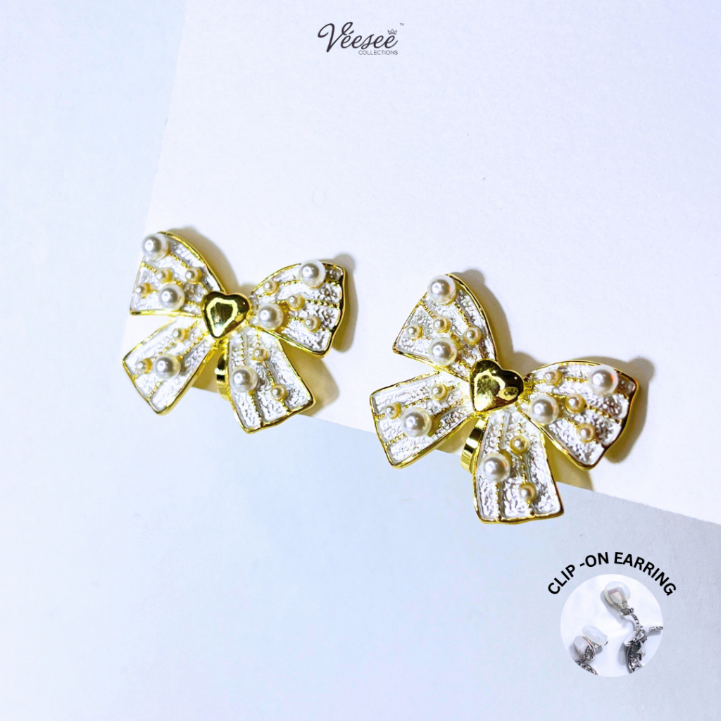 Veesee Clip On Earring S925 Elegant Cute Korean White Gold Ribbon ...
