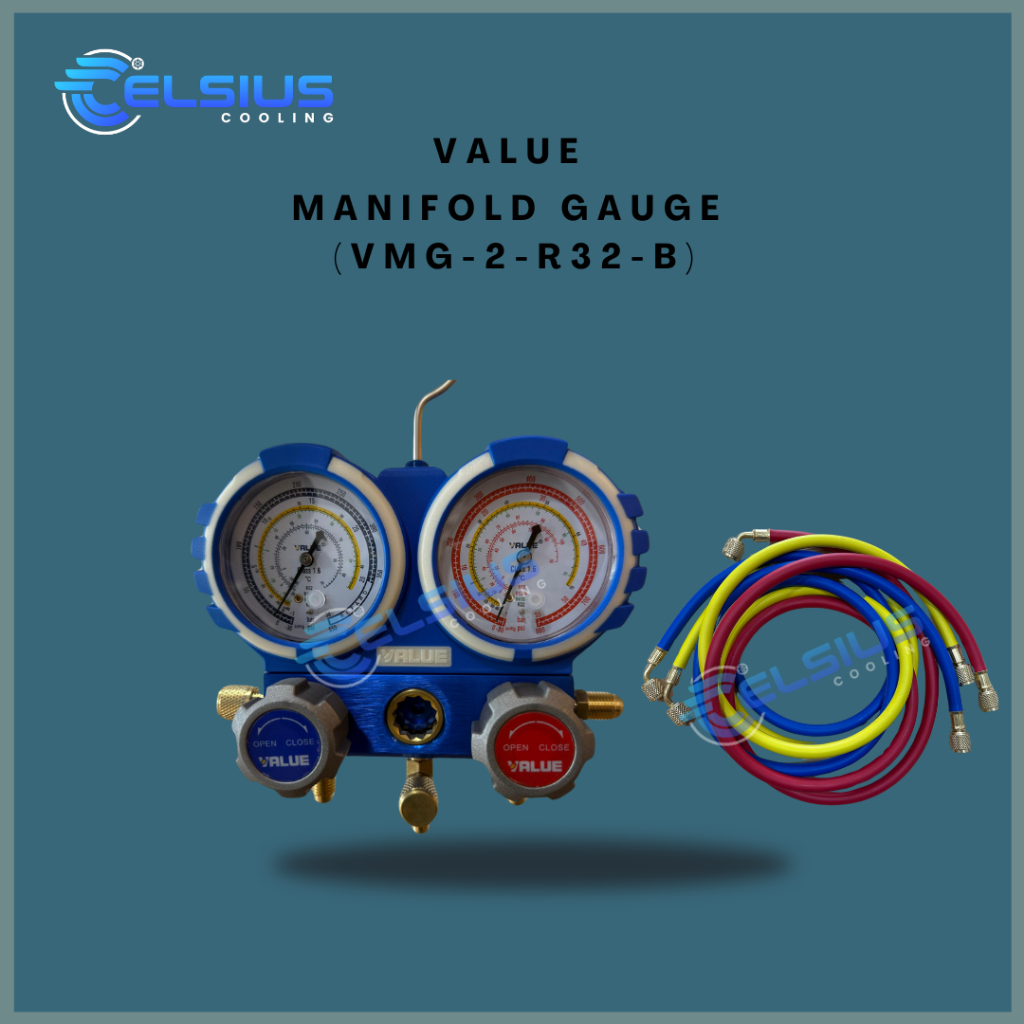 VALUE®️ R32 Dual Gauge Manifold Set c/w 3 Charging Hose (VMG -2-R32-B ...