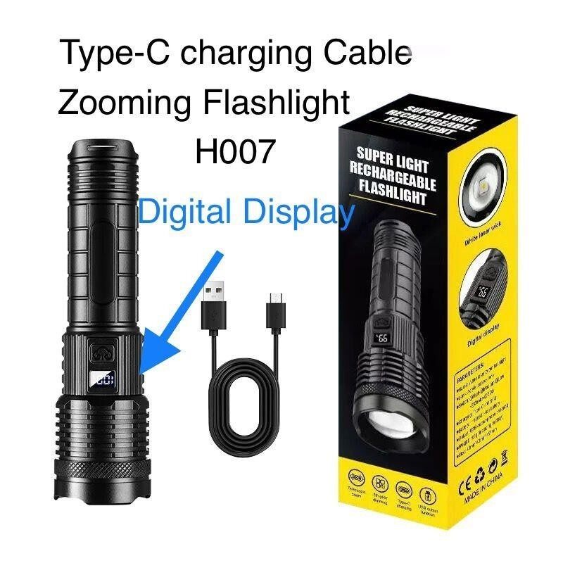 H007 Super Bright Zooming Flashlight Rechargeable Torchlight Waterproof ...
