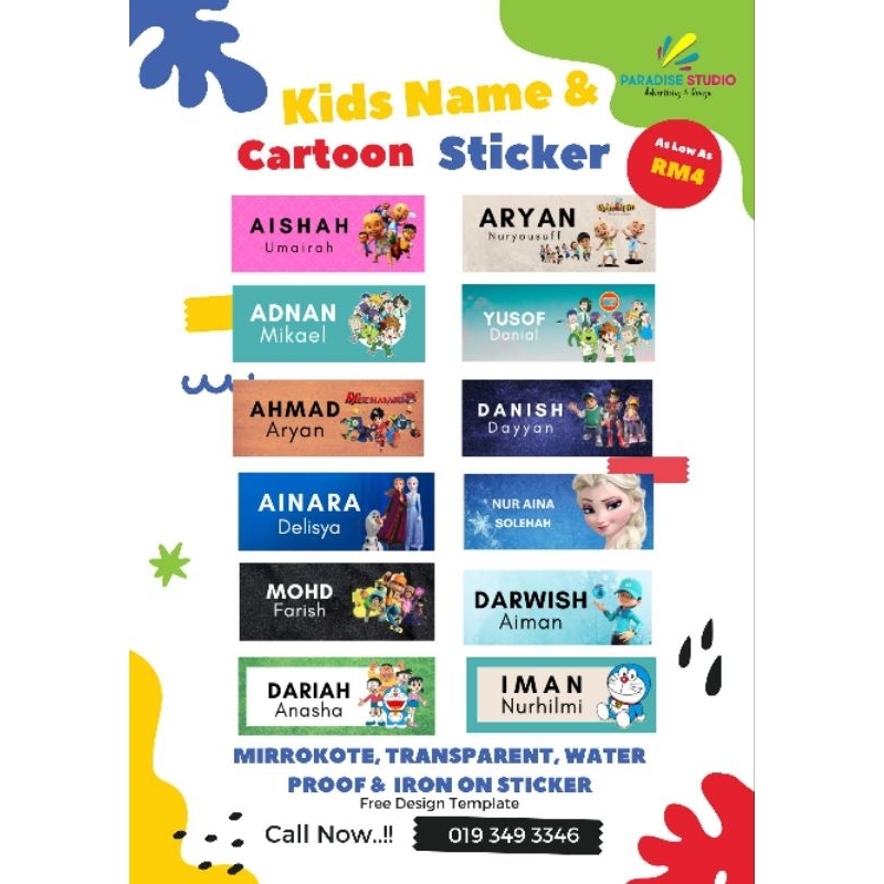 Sticker Nama Kartun (in A4 Size paper - 80) | Shopee Malaysia