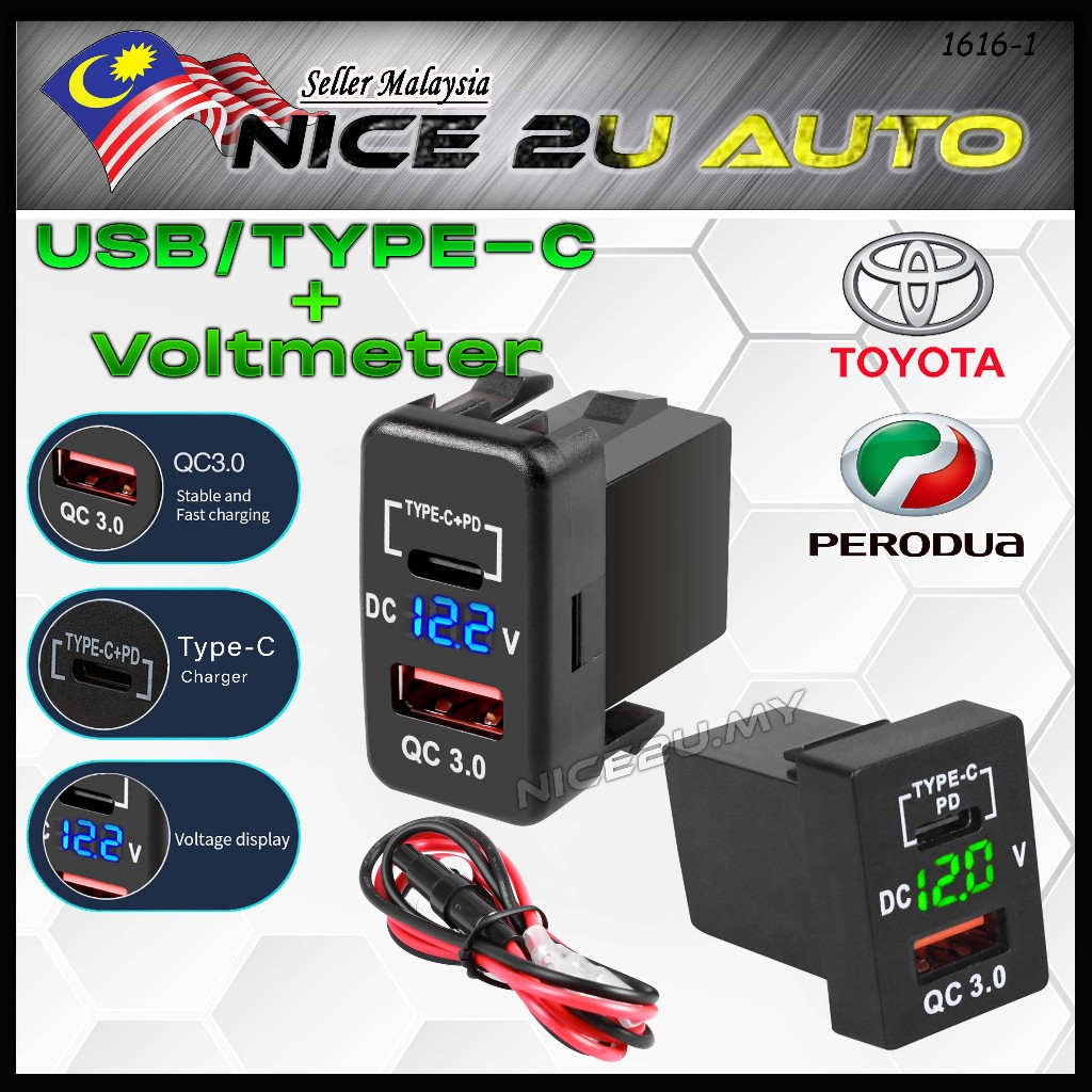 Toyota Perodua PD Type-C Quick Charge 3.0/2.4A Dual USB Charger Meter Adapter Alza Myvi Axia ...