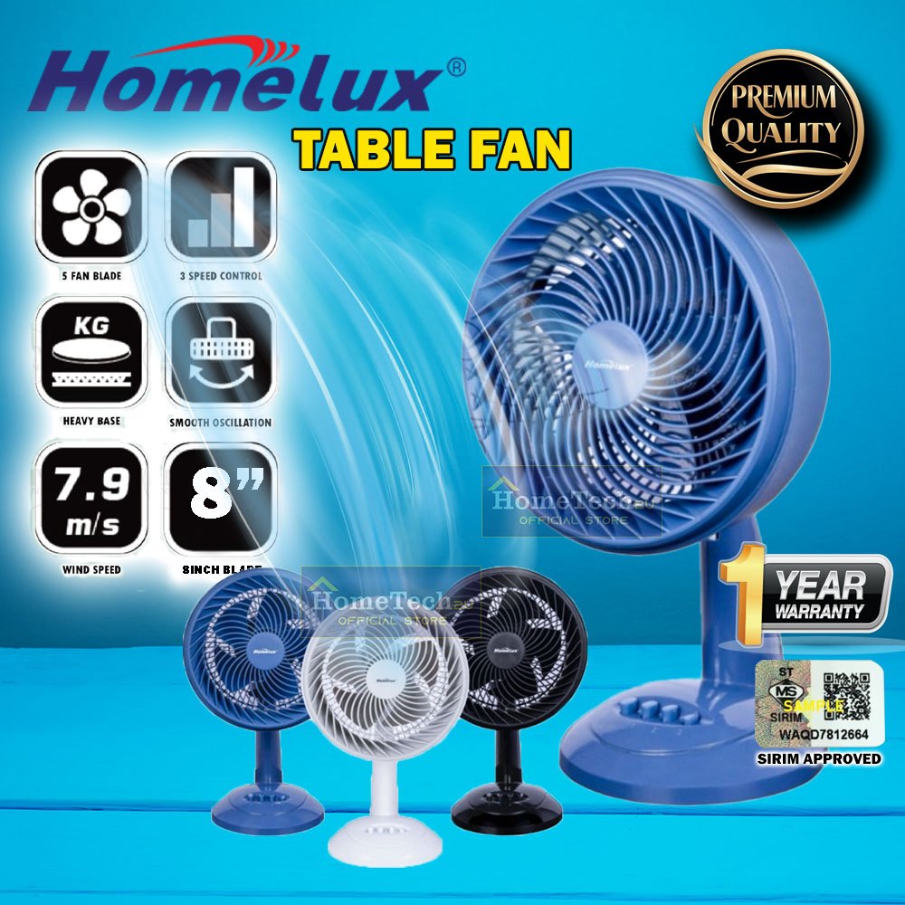 Homelux HTF-208PW 8-Inch Powerful Turbo Table Fan – 3 Speeds, Compact ...