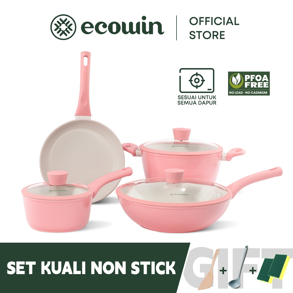 Ecowin Peach Series Ceramic Pink Nonstick Pan Set - Wok + Saucepan ...
