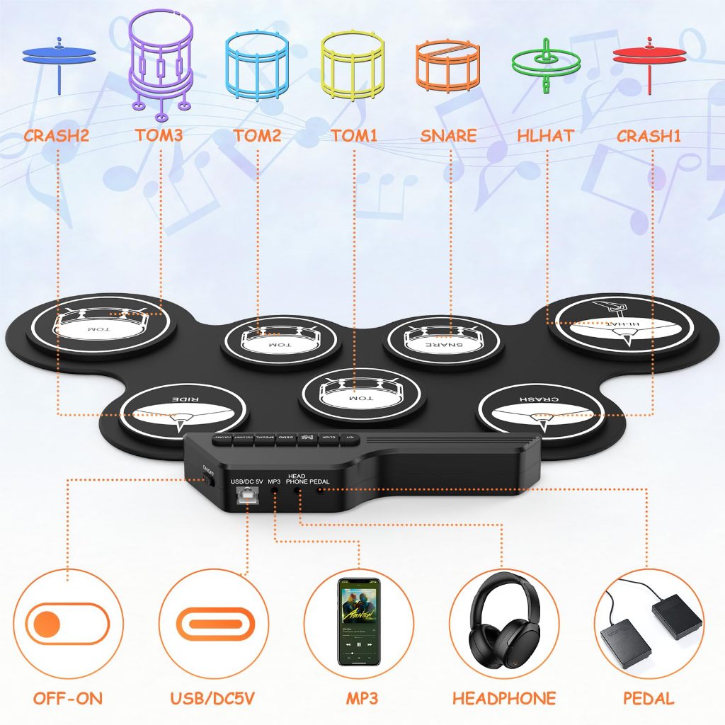 RUBY Drum Set Drum Electronic For Kids Roll-Up Portable Foldable Drum ...