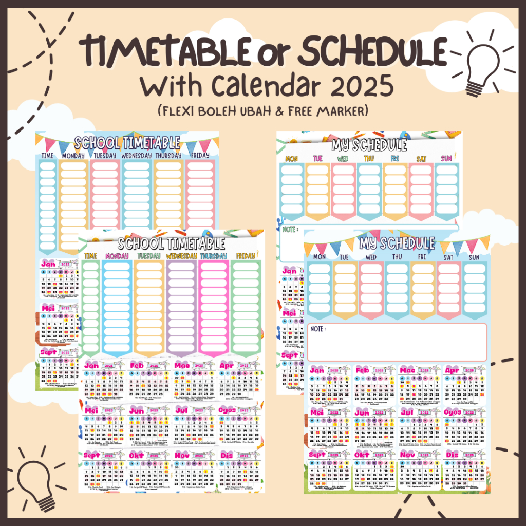 Jadual Waktu Kelas + Kalendar 2025 Boleh Padam Free Marker Timetable ...
