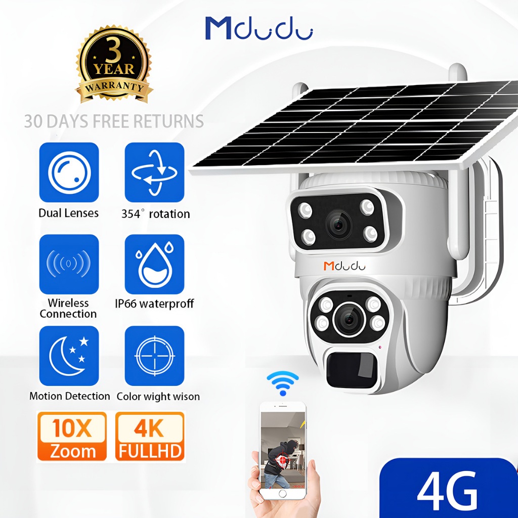 Mdudu CCTV Camera with Battery 4G SIM Card Color Full HD 15MP Dual Screen with Solar Battery ...