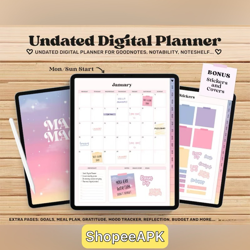Undated Goodnotes Planner | iPad PDF | Monthly Digital Planner with ...