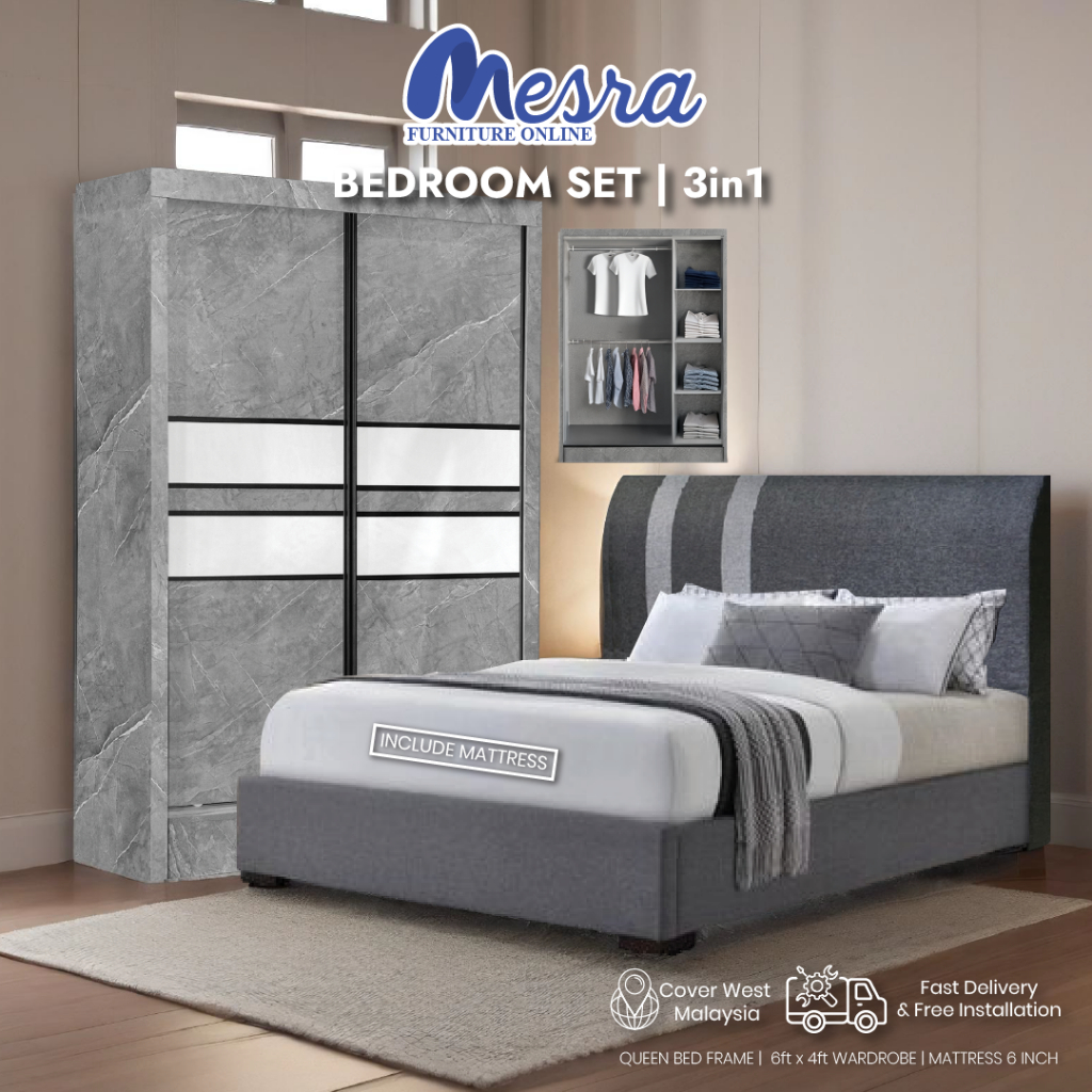 MESRA - Bedroom Set Sliding door /Set Bilik Tidur/Almari Baju/Katil ...