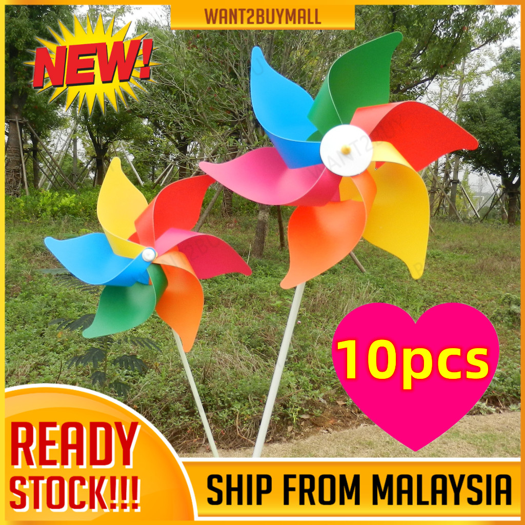 10pcs Hand Rainbow Windmill Plastic Stick Triple Wheel Spinner Pinwheel ...