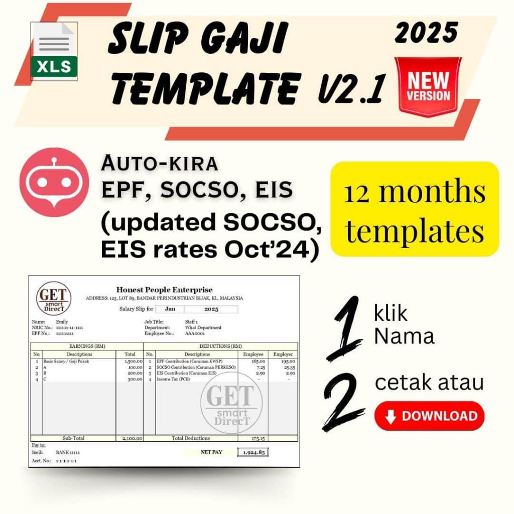 Slip Gaji Template auto-fill KWSP, PERKESO, Excel, Payroll template ...