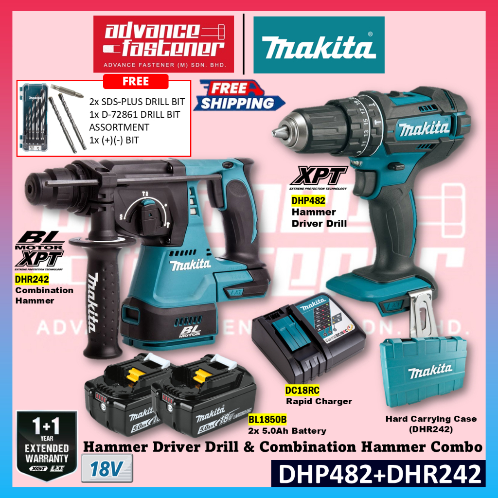 Makita 18V Cordless Combo Set ( DHP482 Hammer Driver Drill / DHR242 Brushless Combination Hammer ...