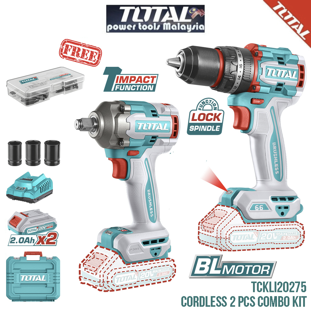 TOTAL Li-ion Combo Kit w/ Brushless Impact Wrench & Impact Drill (20V ...