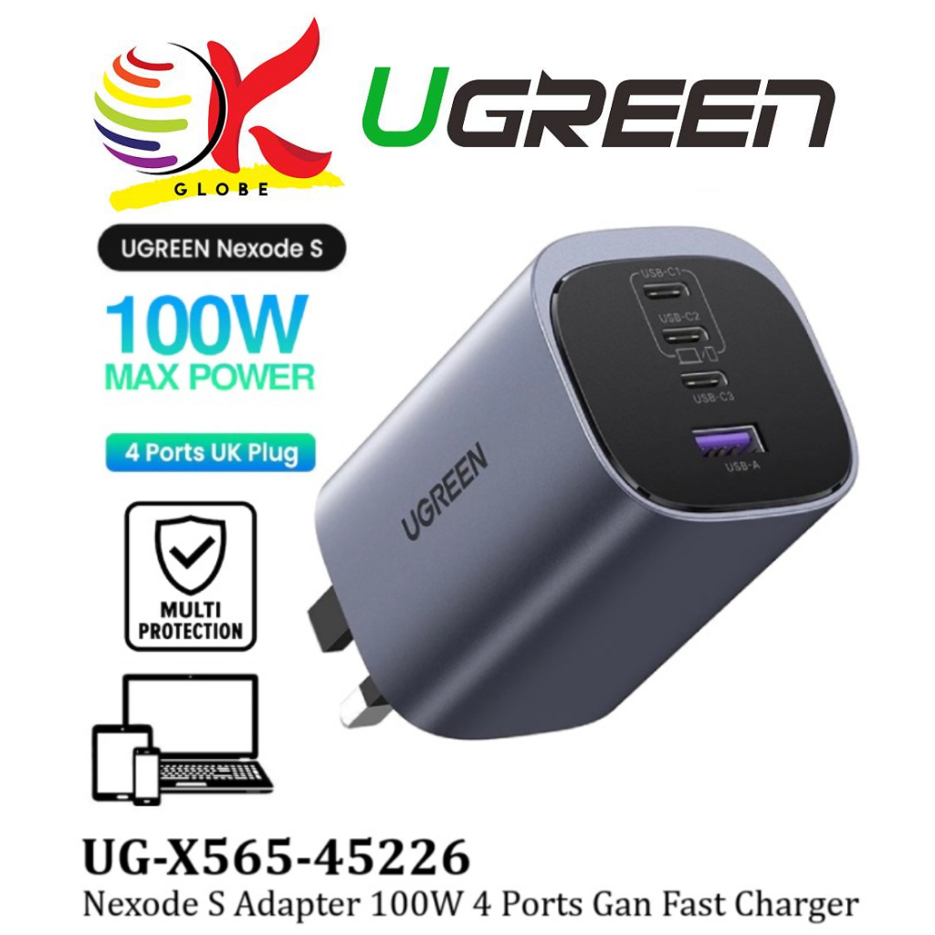 UGREEN X565-45226 NEXODE S 100W 4 PORT GAN FAST CHARGER ADAPTER TYPE C + USB-A UK PLUG ...
