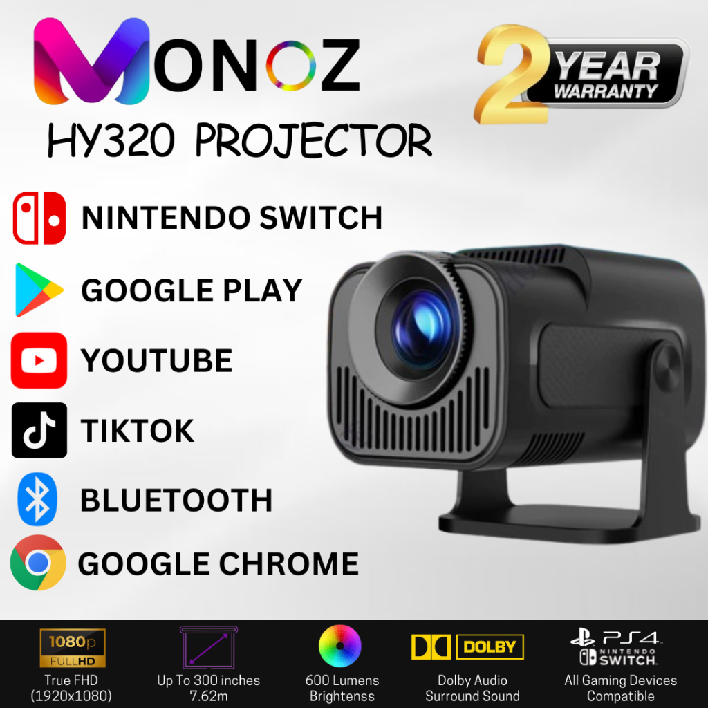 Projector Mini MONOZ HY320 Asli 1080P 4K HD Auto Keystone 10000 Lumens ...