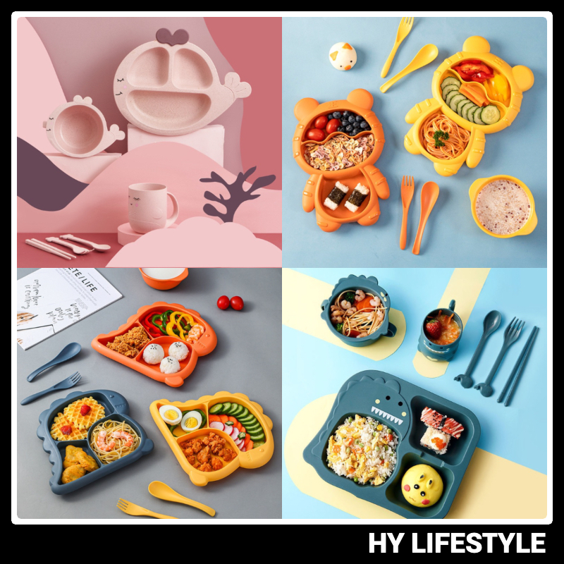 [HY] Baby Plate Set Baby Cutlery Set Fork Spoon Bowl Cup Baby Feeding ...