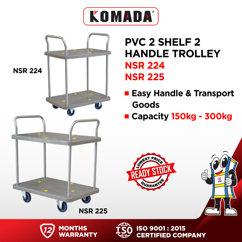 TTF RACK™ 150/300KG PVC 2 Shelf 2 Handle Trolley Plastic Flatbed ...