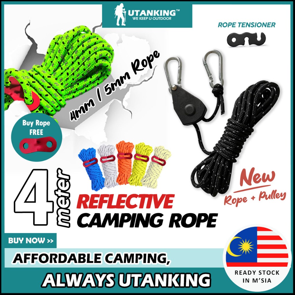 UtanKing™ 4 Meter Reflective Camping Rope Tent Ropes Flysheet Tensioner ...