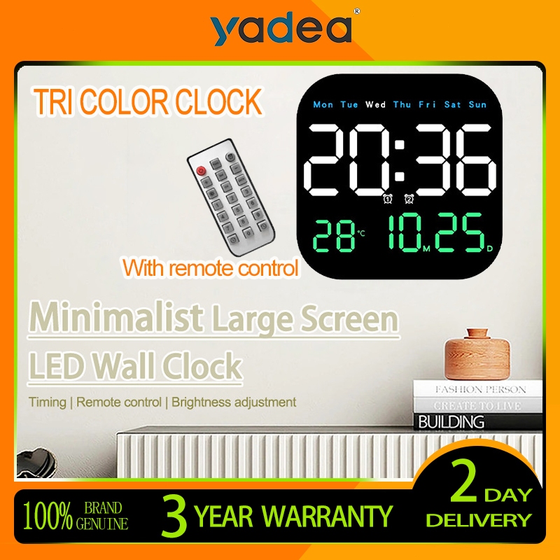Tri color digital clock display temperature date 12/24 hour wall ...