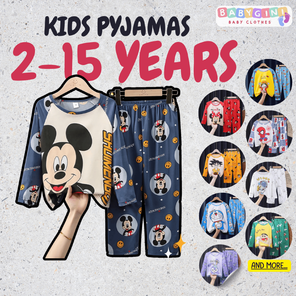 Cartoon Pyjamas Set Kids 2-15 Years Baju Tidur Budak Lelaki Perempuan ...