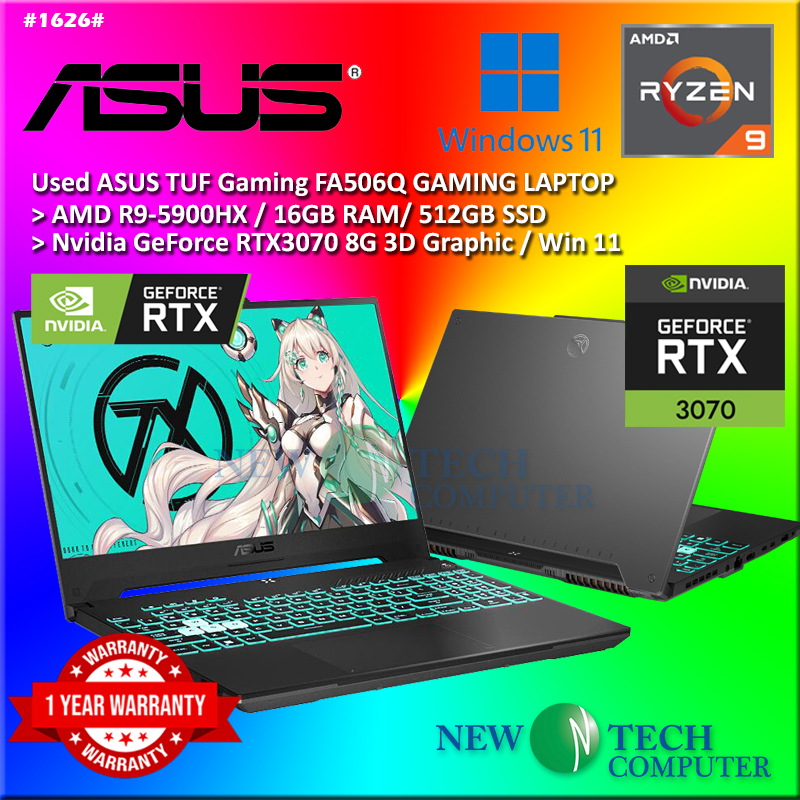 #1626 USED R9 ASUS TUF FA506QR AMD RYZEN 9-5900HX 16GB 512GB SSD NVIDIA RTX 3070 8G 15.6'' 2K ...