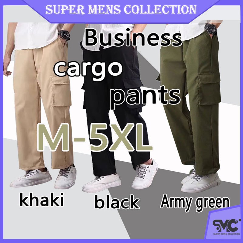 SMC M-5XL Oversize Khaki Multi-pocket Straight Cut Casual Men Long Couple Cargo Pants Seluar ...