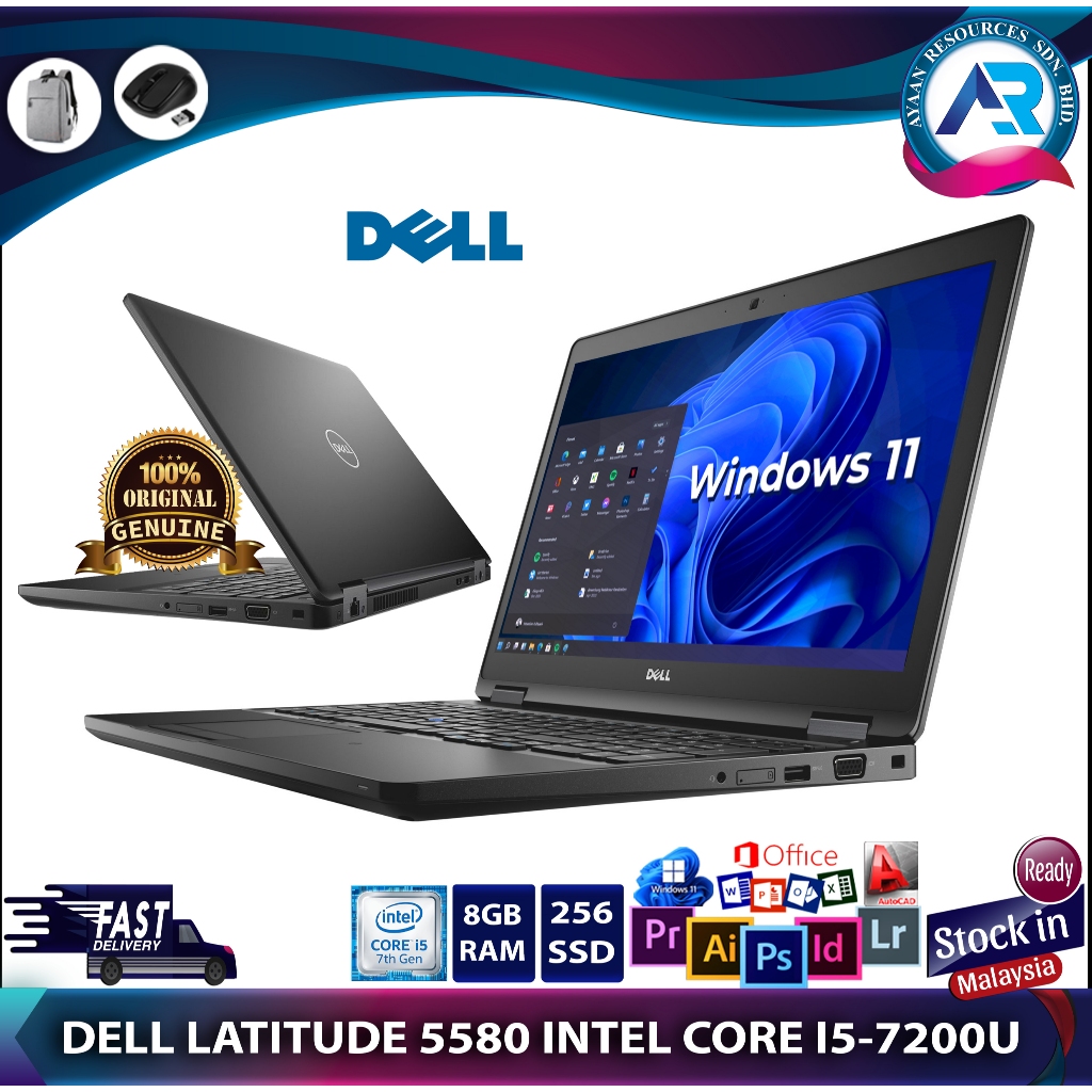 DELL LATITUDE 5580 INTEL CORE I5-7200U, 8GB RAM, 256GB SSD, WIFI, W CAM, 15.6 INCHES HD (1366 X ...
