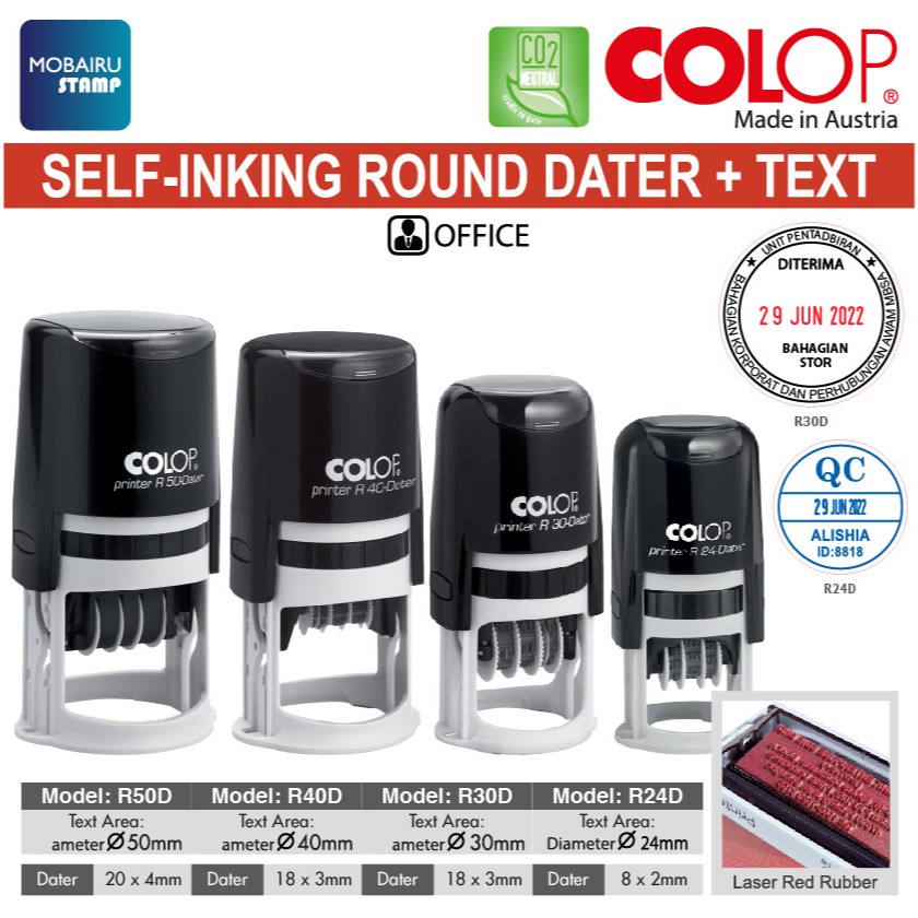 COLOP Round Dater+Text Rubber Stamp - Self Inking Printer R24D, R30D, R40D[Office, Schools ...