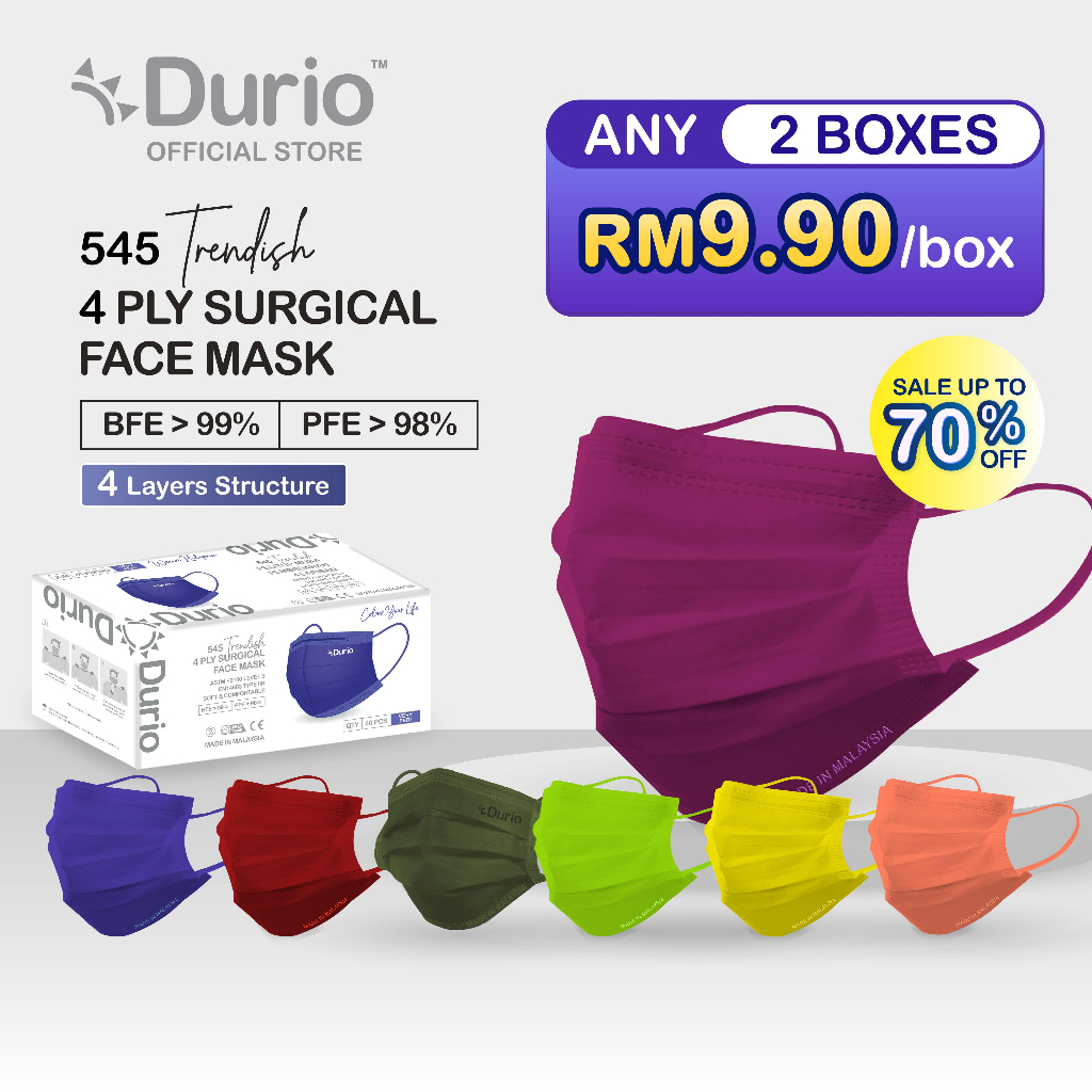 Durio 545 Trendish 4 Ply Surgical Face Mask - 7 Color Options (40 Pcs ...