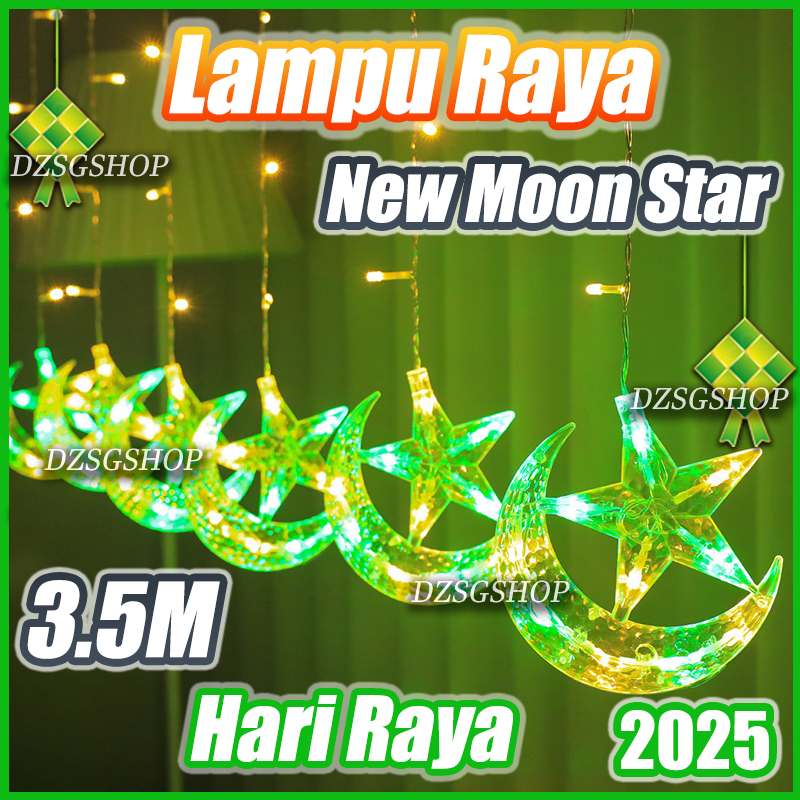 🌙Lampu raya 2025⭐Moon Star Curtain light Hari raya 3.5m fairy light ...