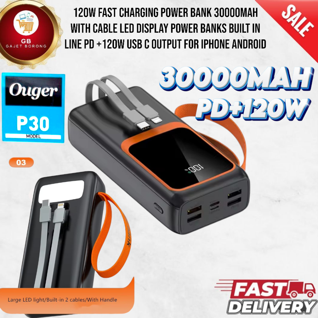 OUGER P30 120w Fast Charging Power Bank 30000mah With Cable LED Display ...