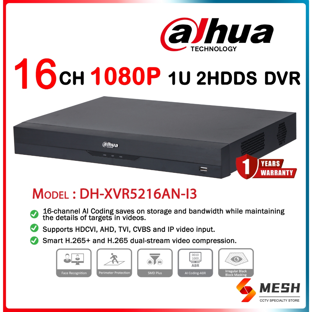 DAHUA 16CH /16 CHANNEL XVR5216AN-I3 PENTABRID 5M-N/1080P 1U 2HDDS ...