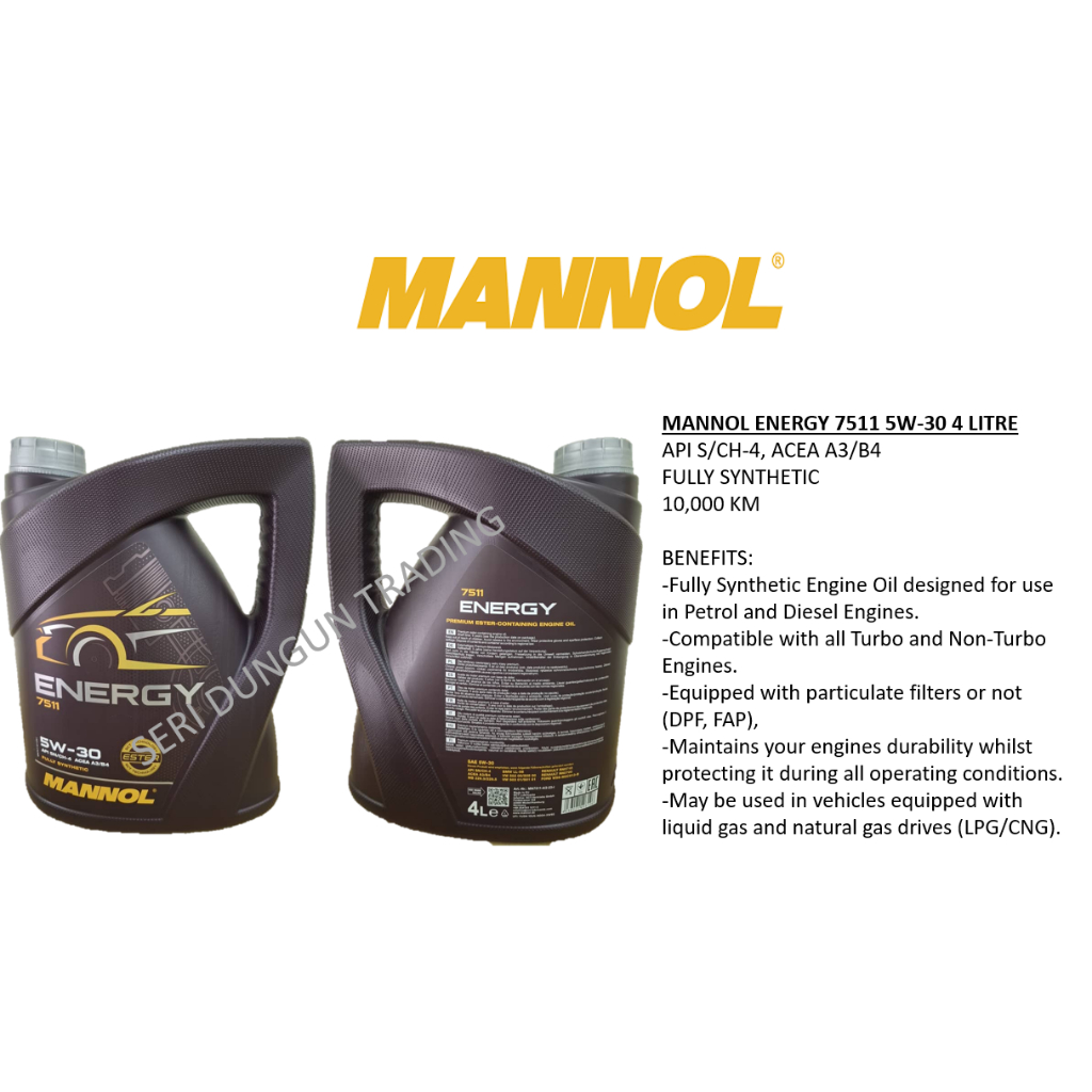 MANNOL MINYAK ENJIN 7511 ENERGY 5W30 4 LITER (100% ORI BUATAN EU) FULLY ...