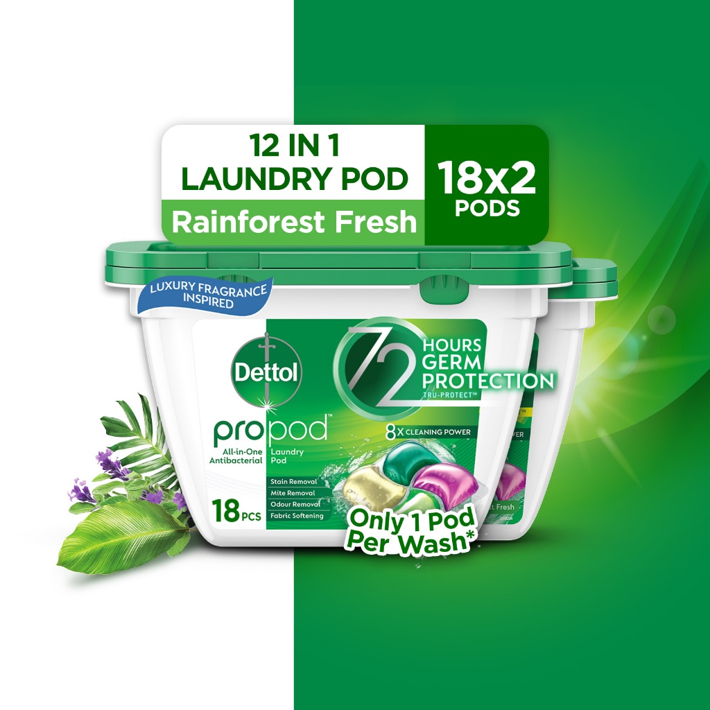 [Bundle of 2] [1POD=8KG] Dettol All in One Laundry Capsule 18s Laundry ...