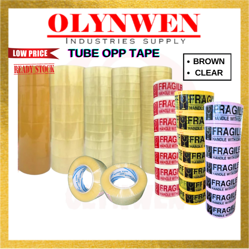 TUBE Opp Tape Segulung Clear / Brown / Fragile Tape 12mm / 18mm / 24mm ...