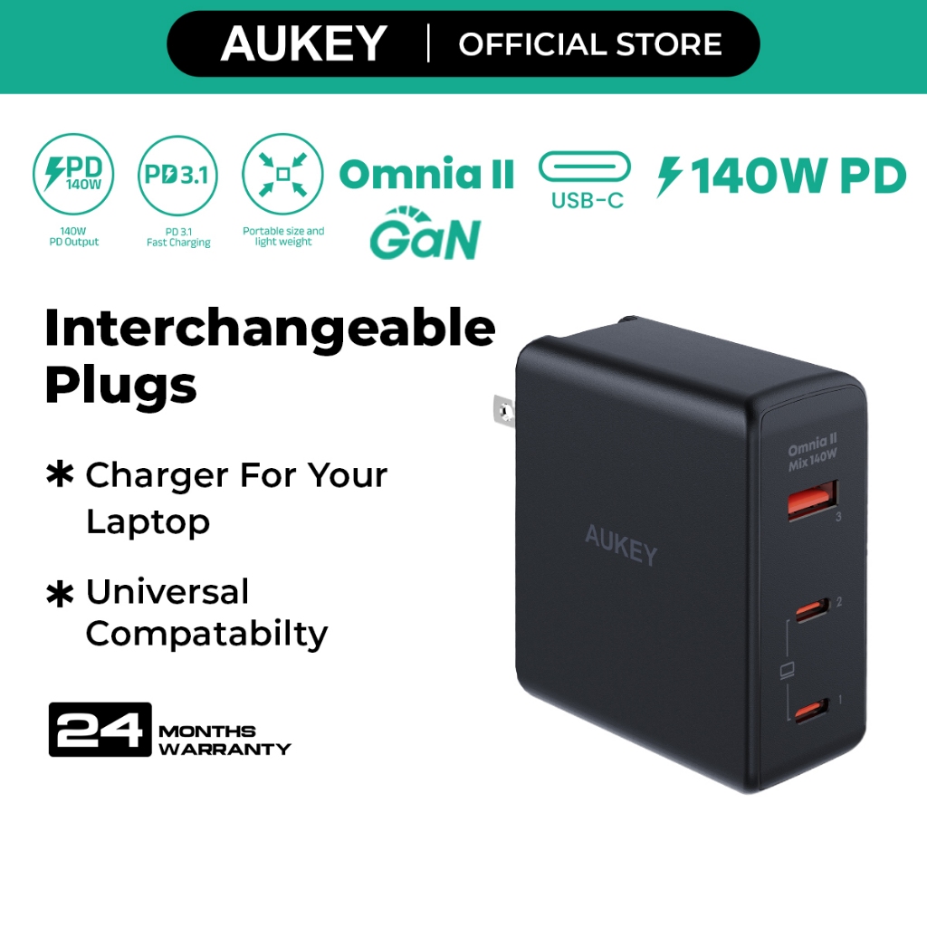 Aukey PA-B7O Omnia II Mix 140W PD 3.1 3 Port GaN Travel Charger with ...