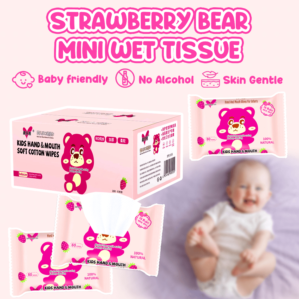 【1BOX 10PACK 】【STRAWBERRY BEAR】Mini Wet Tissues Wipes Towels Soft Tisu ...