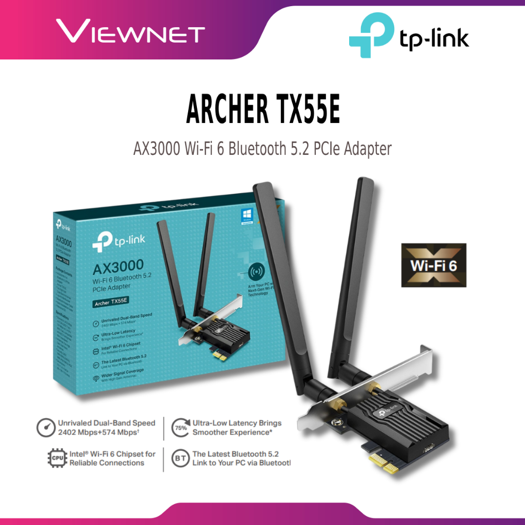 TP-LINK ARCHER TX55E AX3000 WI-FI 6 & BLUETOOTH 5.2 PCIE ADAPTER WITH ...