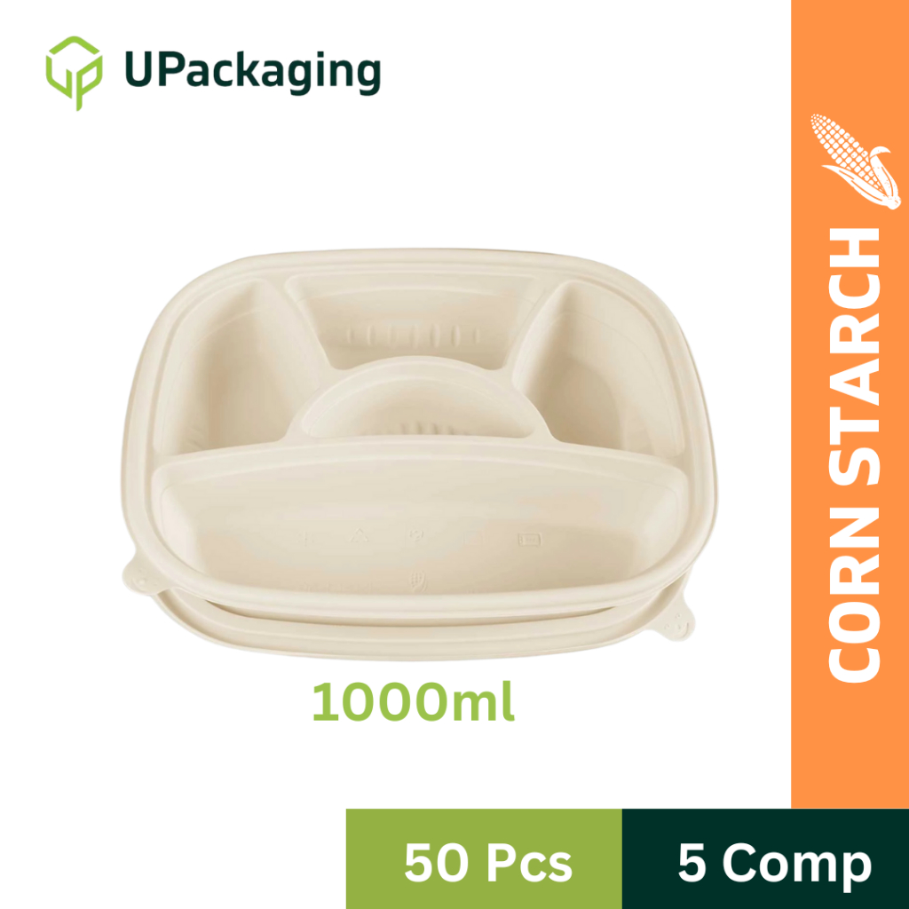 [50 Pcs] CORN STARCH 5 COMPARTMENT LUNCH BOX 1000ml With Lids Bento Box ...