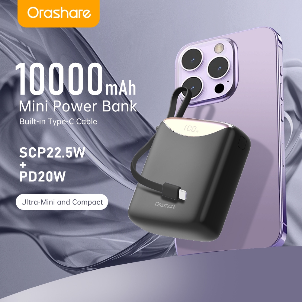 Orashare PML10C 10000mAh Mini Power Bank Built-in Type C Cable PD20W ...