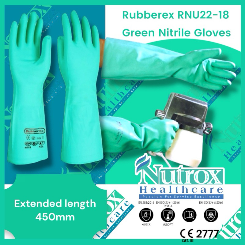 Rubberex Green Nitron RNU 22-18 Extended Length Chemical Gloves (Pack ...